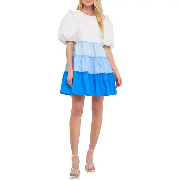 English Factory Colorblock Puff Sleeve Mini Dress