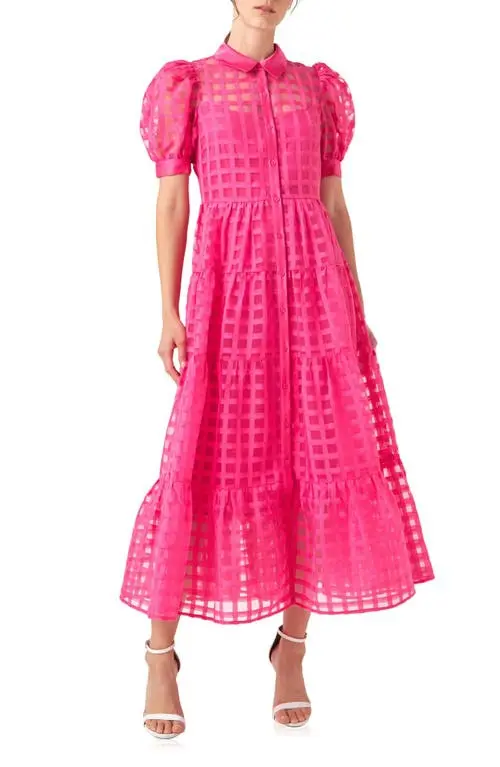 English Factory Grid Pattern Tiered Midi Shirtdress - Fuchsia
