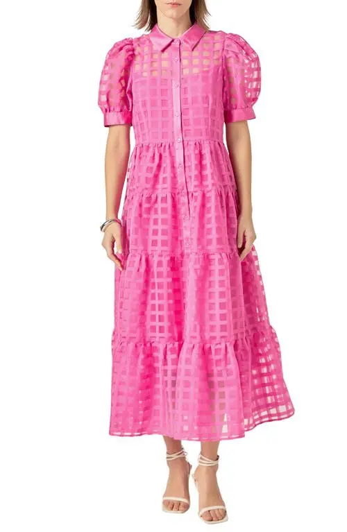 English Factory Grid Pattern Tiered Midi Shirtdress - Magenta