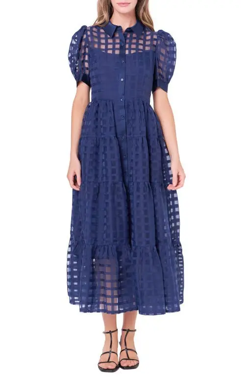 English Factory Grid Pattern Tiered Midi Shirtdress - Navy