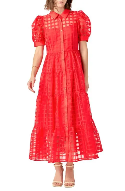 English Factory Grid Pattern Tiered Midi Shirtdress - Red