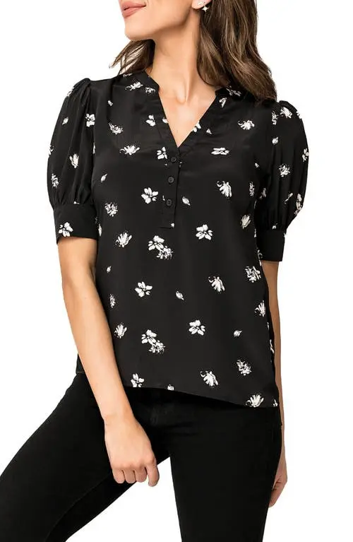 GIBSONLOOK Floral Print Woven Henley Blouse - Blk Flrl