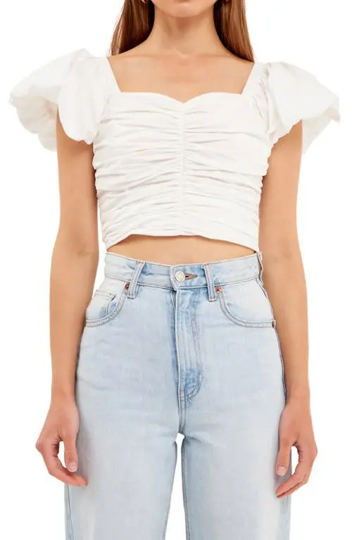 Endless Rose Shirred Puff Sleeve Crop Top - White