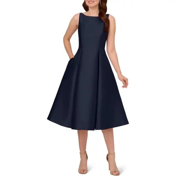 Adrianna Papell Sleeveless Mikado Fit & Flare Midi Dress - Midnight