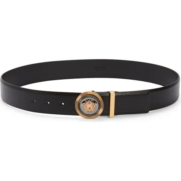 Versace Biggie Medusa Coin Leather Belt - Black/versace Gold/ruthenium