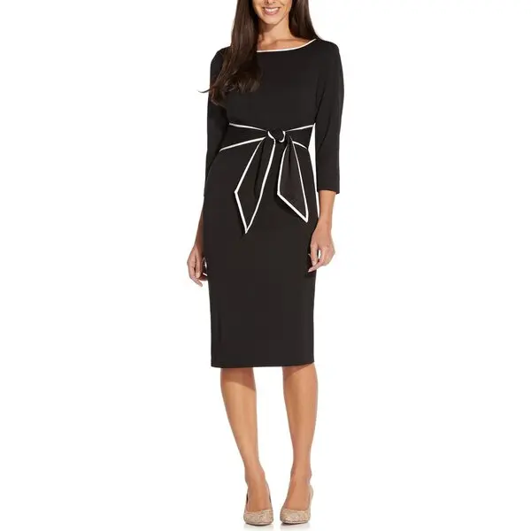 Adrianna Papell Tipped Three-quarter Sleeve Crepe Dress - Black/ivory
