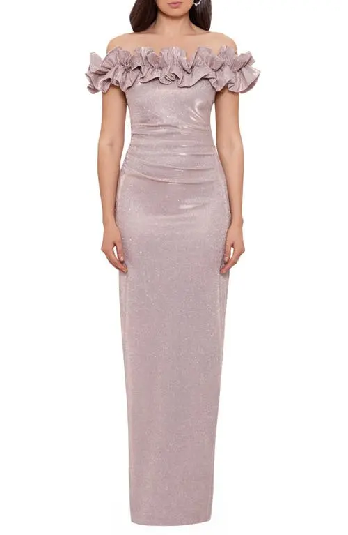 XSCAPE EVENINGS Glitter Ruffle Off The Shoulder Back Slit Gown