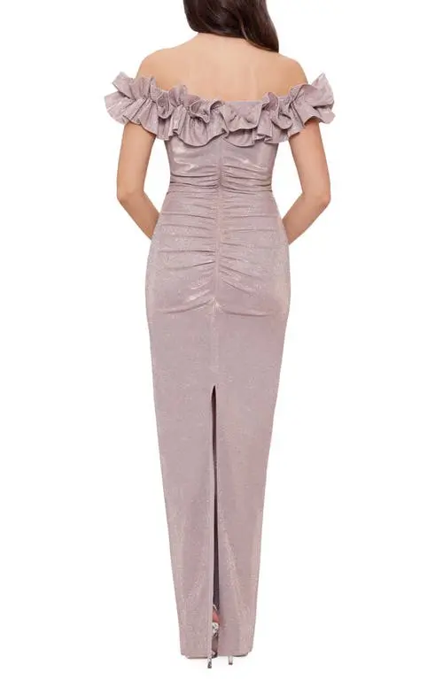 XSCAPE EVENINGS Glitter Ruffle Off The Shoulder Back Slit Gown
