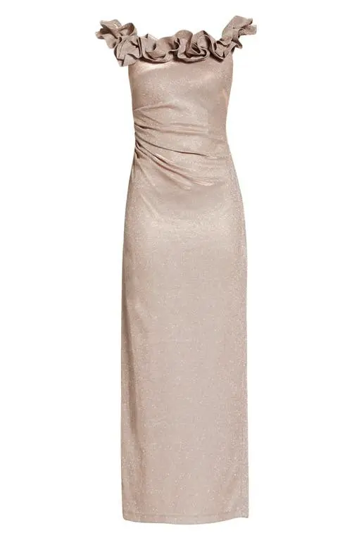 XSCAPE EVENINGS Glitter Ruffle Off The Shoulder Back Slit Gown