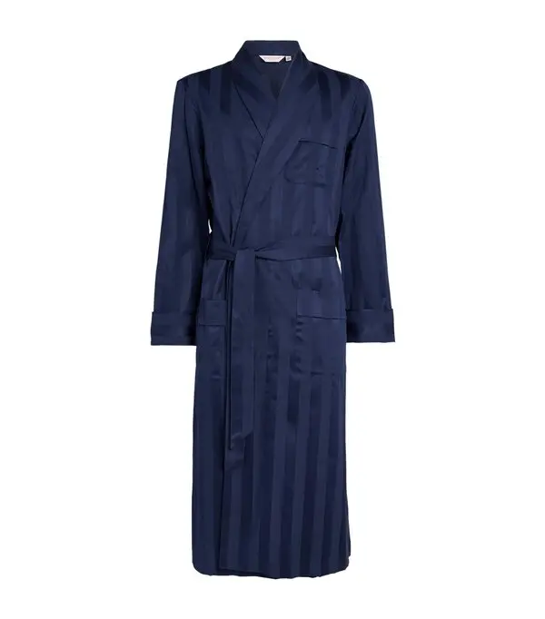 Derek Rose Satin Striped Robe - Navy