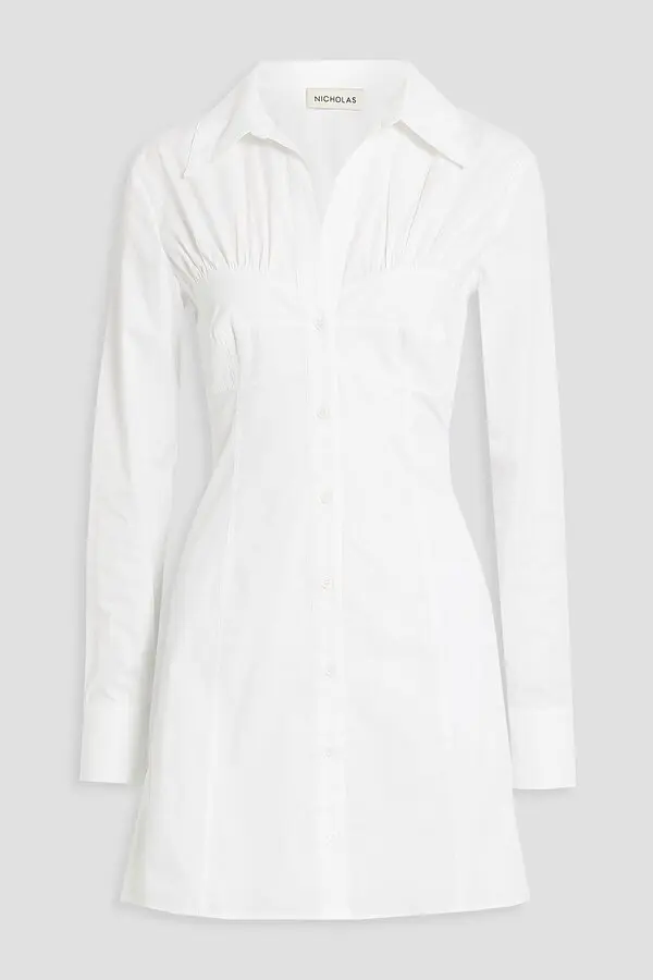 NICHOLAS Gathered Cotton-poplin Mini Shirt Dress - White