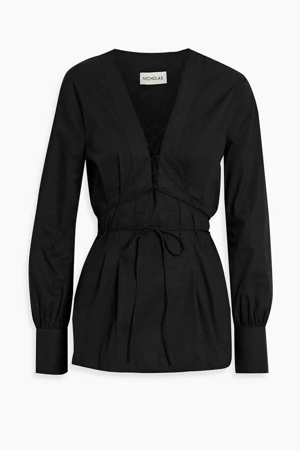 NICHOLAS Laceup Pleated Cottonpoplin Top - Black