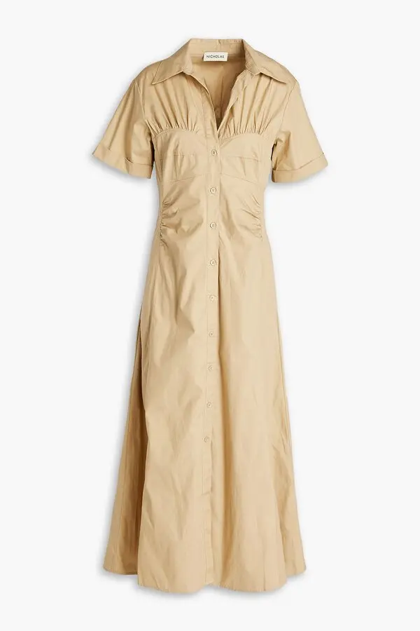NICHOLAS Gathered Cotton-poplin Midi Shirt Dress - Beige