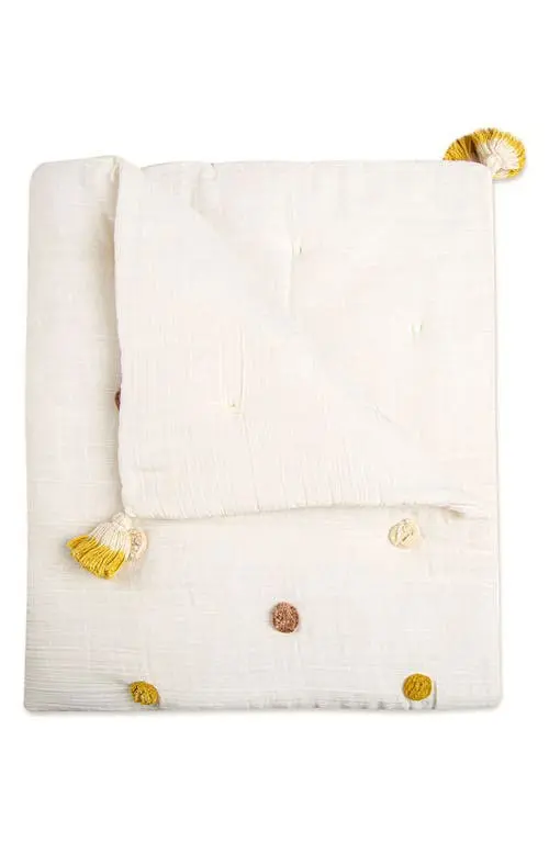 CRANE BABY Pompom Cotton Muslin Baby Blanket - White