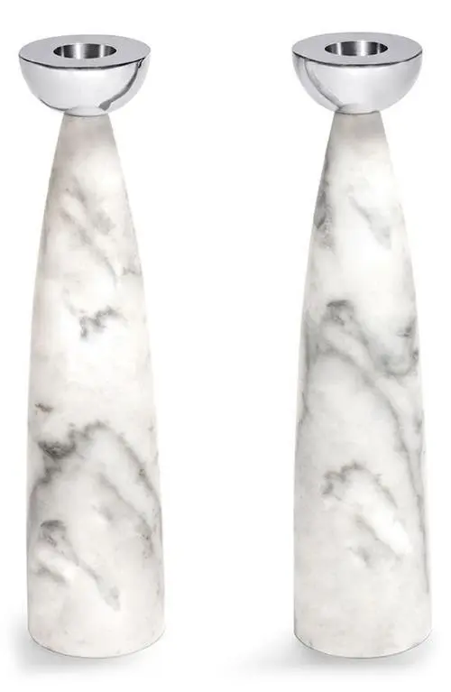 ANNA NEW YORK Coluna Set Of 2 Marble Candleholders - Carrara Silver