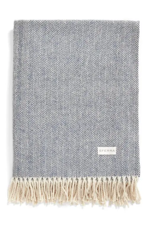 SFERRA Celine Fringed Herringbone Cotton Throw - Navy