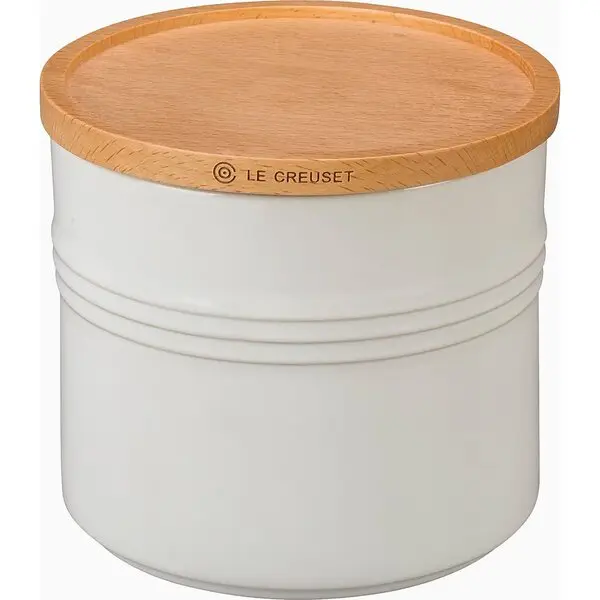 LE CREUSET Glazed Stoneware 1 1/2 Quart Storage Canister With Wooden Lid - White