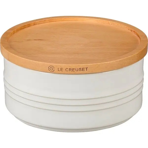 LE CREUSET Glazed Stoneware 23 Ounce Storage Canister With Wooden Lid - White