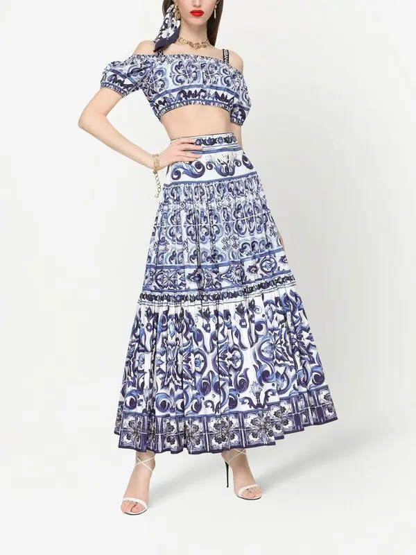 Dolce & Gabbana Majolica-print Pleated Maxi Skirt - Blue