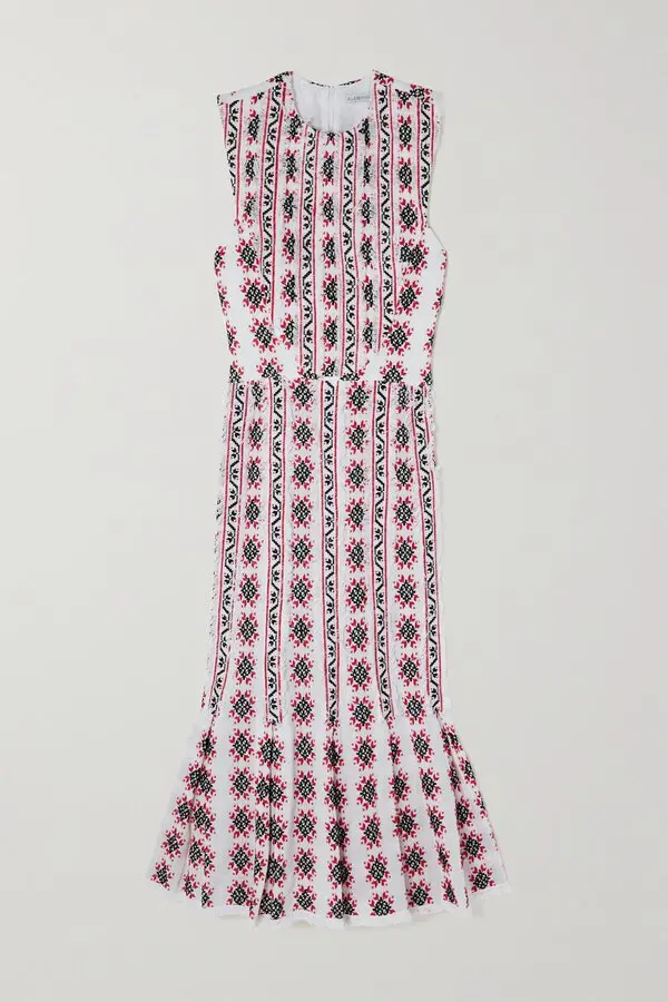 Rue Mariscal Frayed Tiered Embroidered Cotton-gauze Midi Dress - Women - Red Dresses