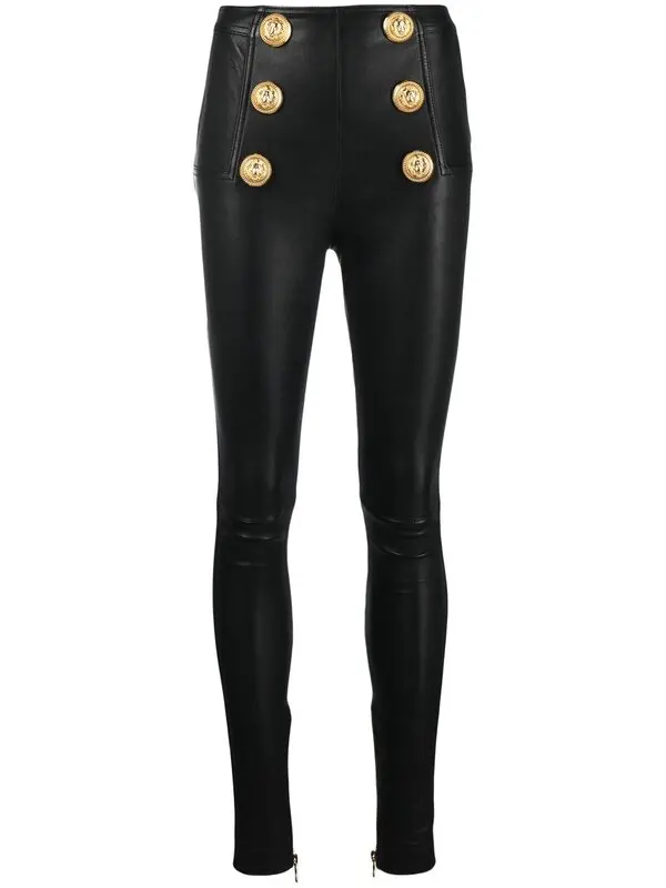 Balmain Button-embossed Leather Leggings