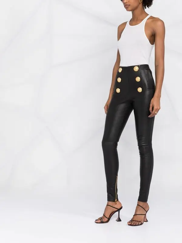 Balmain Button-embossed Leather Leggings