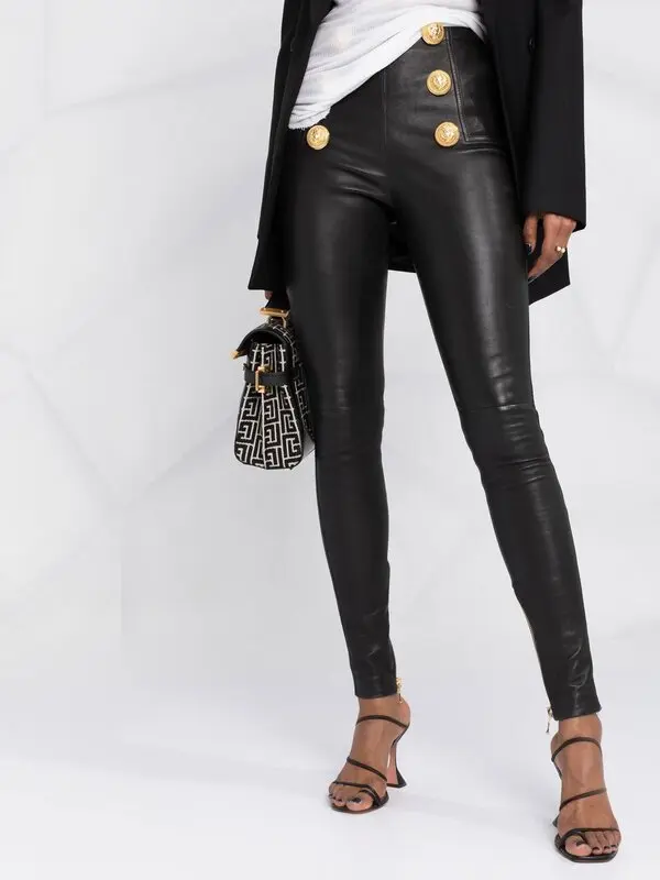 Balmain Button-embossed Leather Leggings