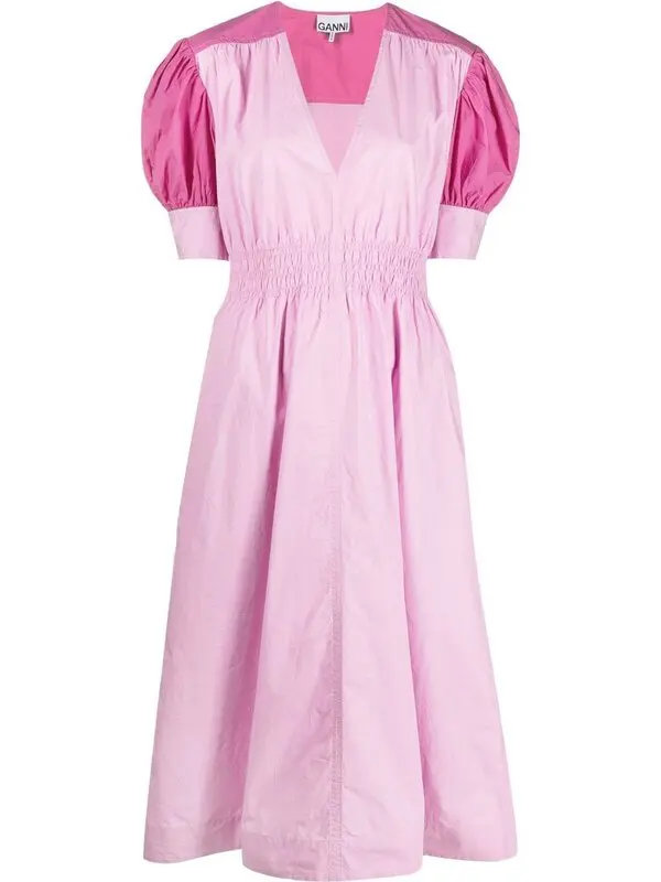 GANNI V-neck Puff-sleeve Midi Dress - Pink