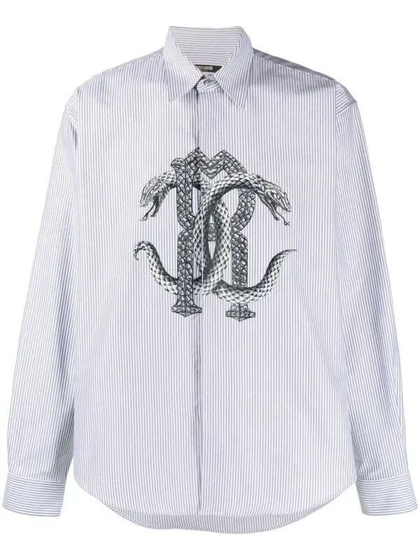 Roberto Cavalli Mirror Snake-print Striped Shirt - Grey