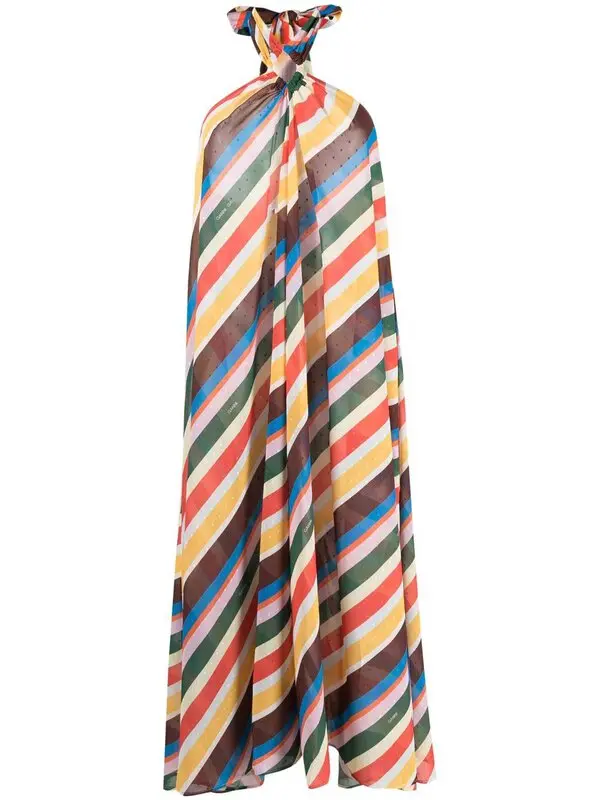 GANNI Striped Halterneck Chiffon Maxi Dress - Brown