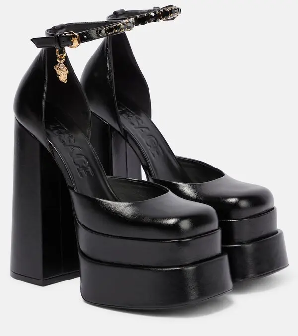 Versace Medusa Aevitas Leather Platform Pumps With Crystal Embellished Ankle Strap - Black