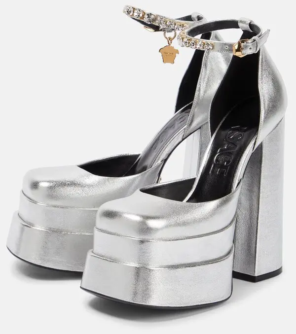 Versace Medusa Aevitas Leather Platform Pumps With Crystal Embellished Ankle Strap - Silver