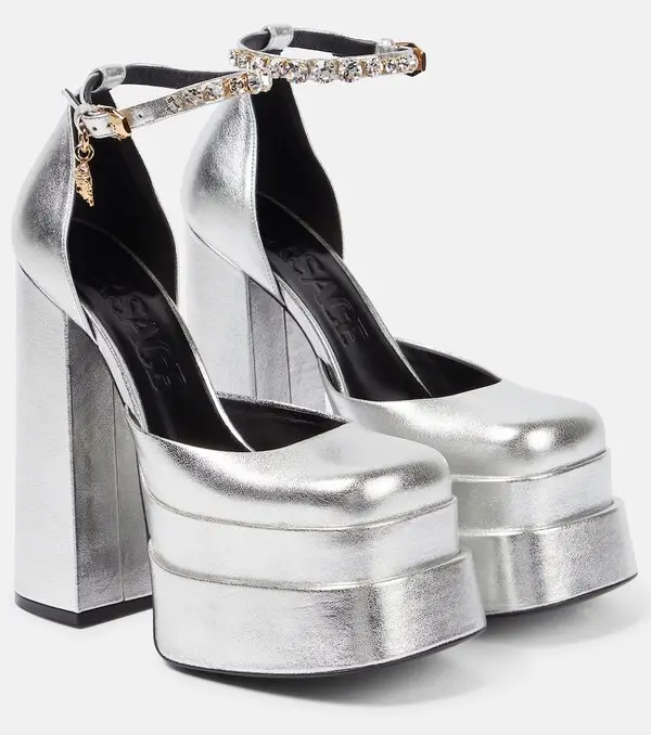 Versace Medusa Aevitas Leather Platform Pumps With Crystal Embellished Ankle Strap - Silver