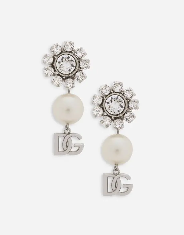 Dolce & Gabbana Earrings With Rhinestones, Pearls And Logo - Silver