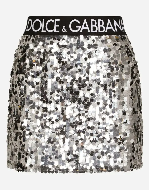 Dolce & Gabbana Sequin-embellished Mini Skirt With Logo Waistband - Silver