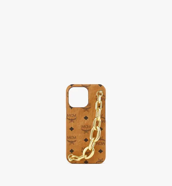Mcm Iphone 13 Pro Case In Visetos W/ Chain Handle - Cognac