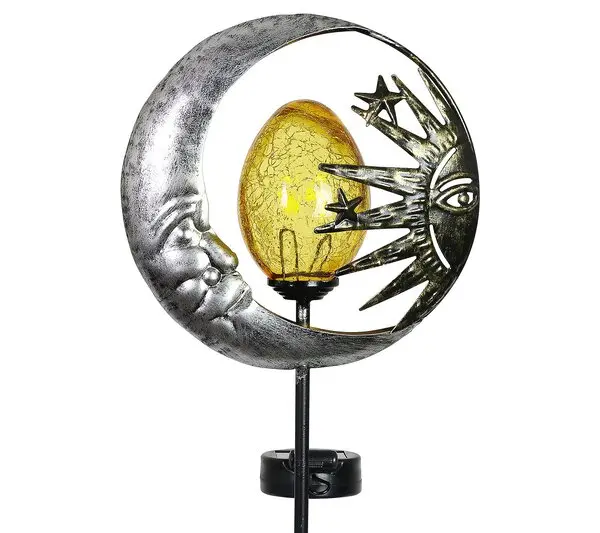 EXHART Solar Silver Sun Moon Garden Stake W/ Amber Gla Ss By - One-color