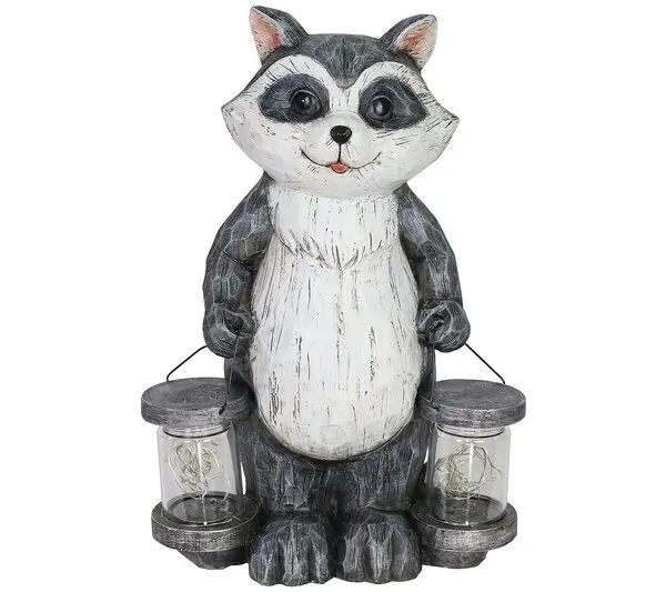EXHART Solar Firefly Jar Raccoon Statue - One-color