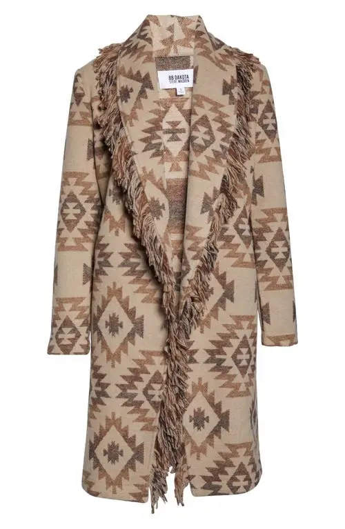Steve Madden Printed Fringe Shawl Collar Coat