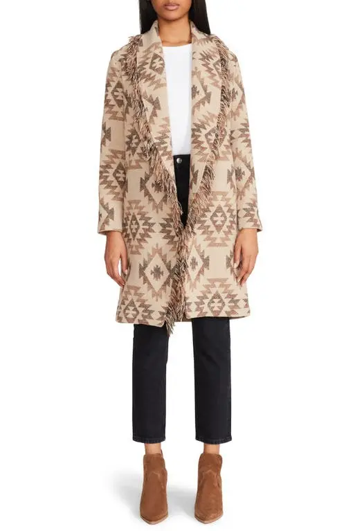 Steve Madden Printed Fringe Shawl Collar Coat