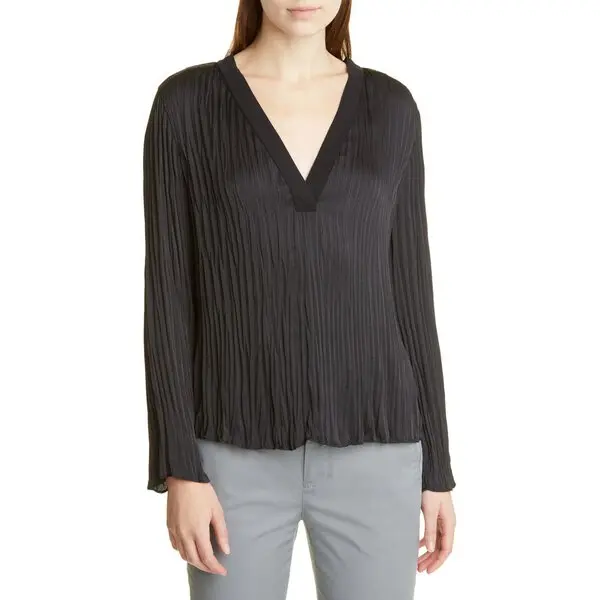 Vince Crushed Pleat V-neck Top - Black