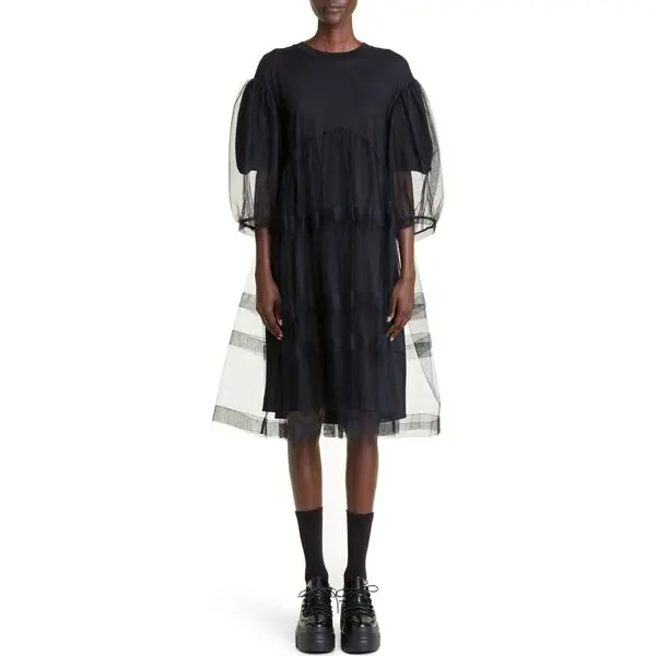 Simone Rocha Puff Sleeve Tiered Tulle Babydoll Dress - Black