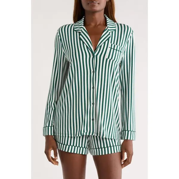 Nordstrom Moonlight Eco Long Sleeve Short Pajamas - Green- Ivory Simple Stripe