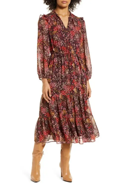 floral long sleeve tiered midi dress