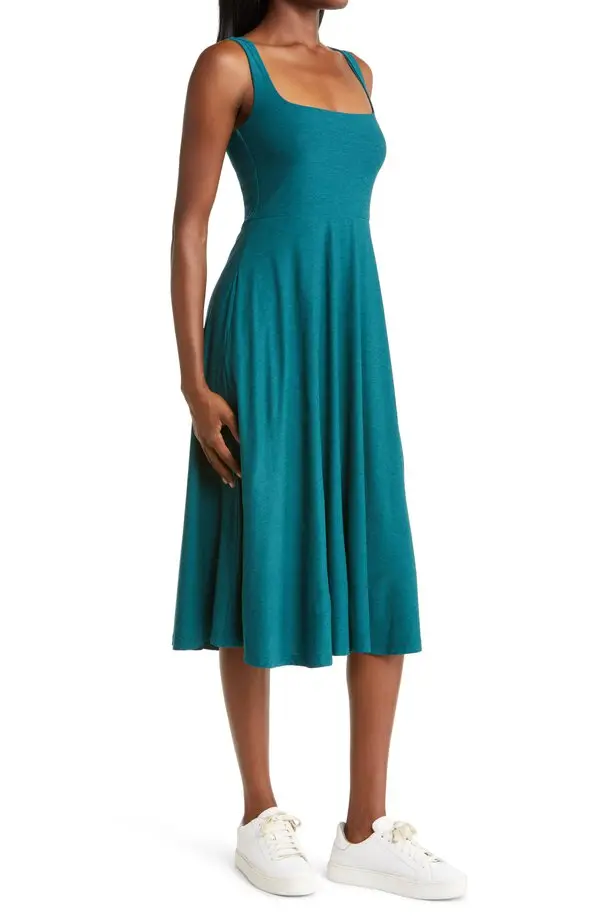 Beyond Yoga Featherweight Square Neck Midi Dress - Deep Sea Heather