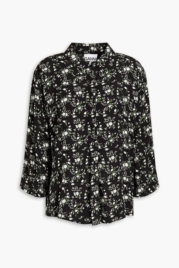 GANNI Floralprint Crepe Blouse - Black