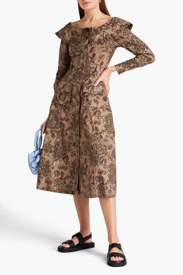 Ganni Ruffled Floral-Print Organic Cotton Poplin Shirt Dress In Mushroom - 85% Off