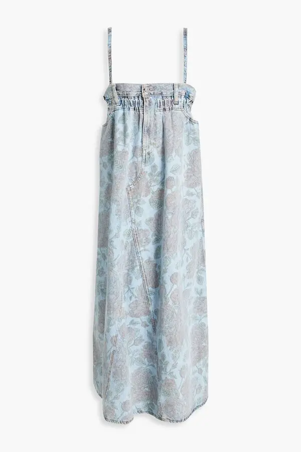 GANNI Gathered Floral-print Denim Midi Dress - Light Denim