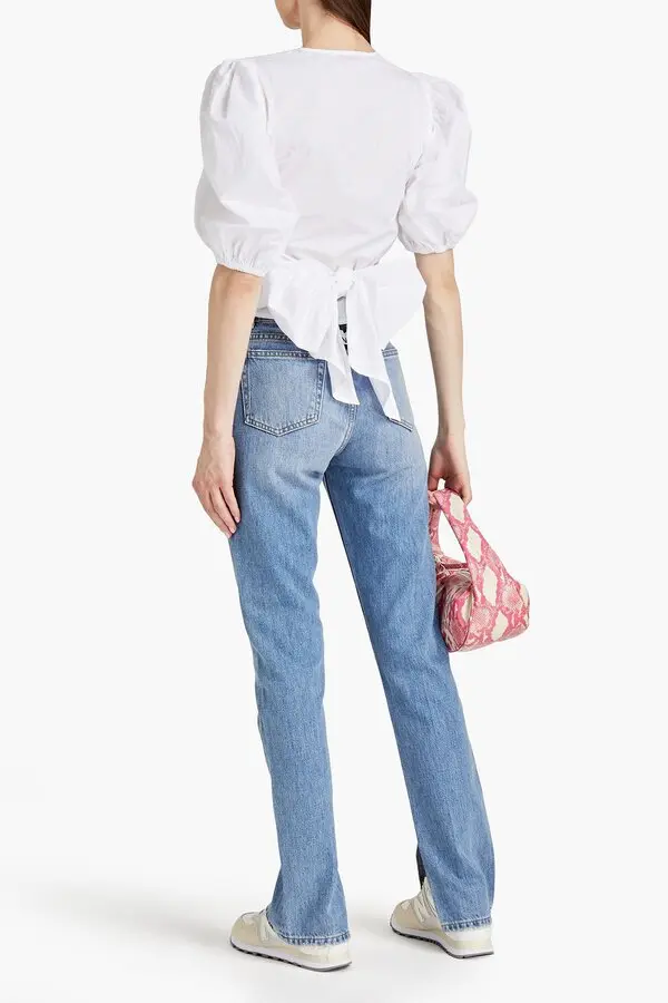 GANNI Organic Cotton Tieback Wrap Top With Gathered Sleeves