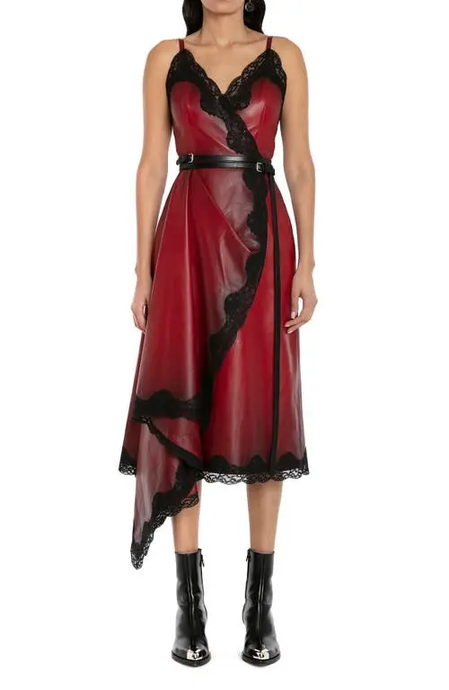 alexander mcqueen red leather dress ALEXANDER MCQUEEN Draped Asymmetric-Neckline Leather Midi Dress